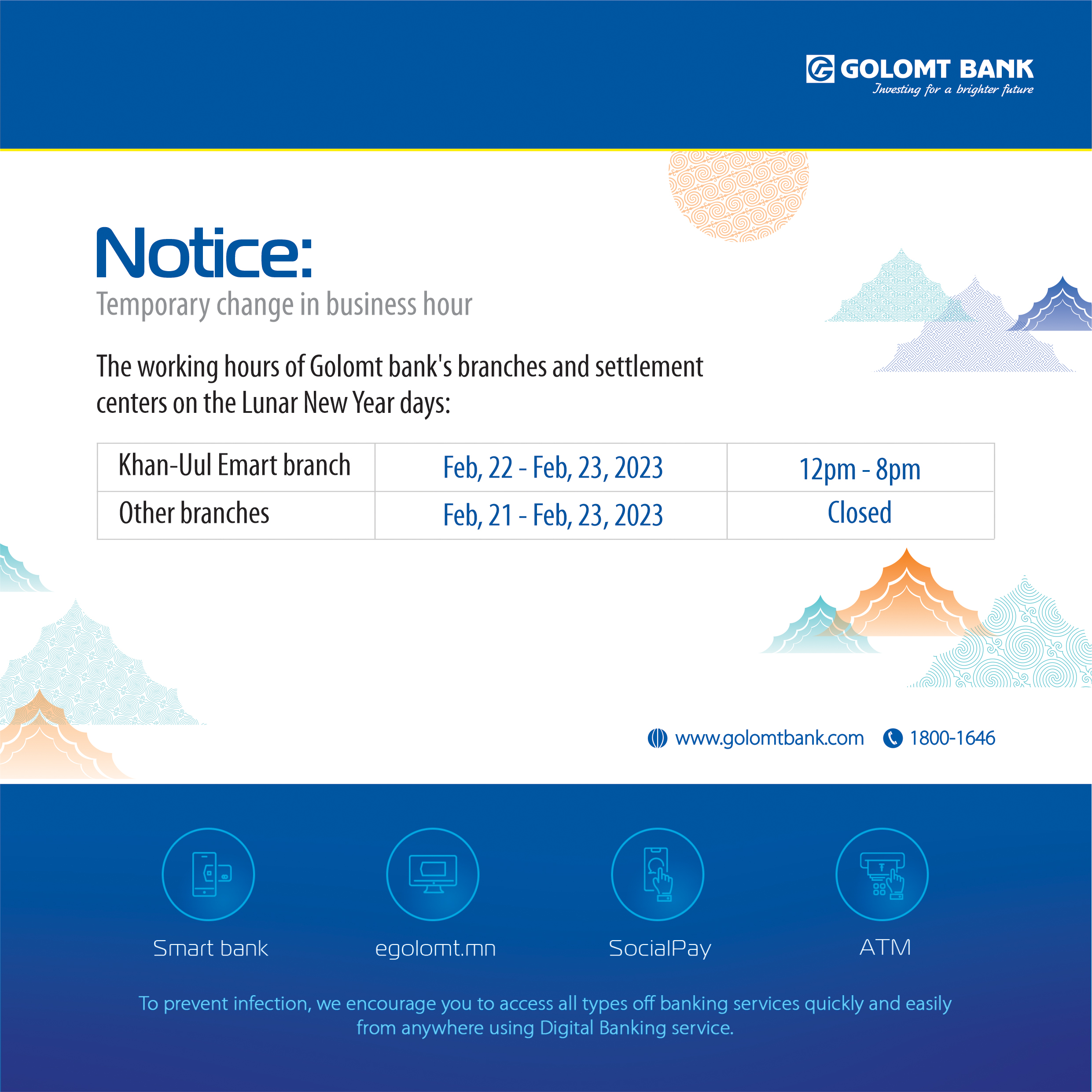 Working hours of Golomt bank's branches on the Lunar New Year